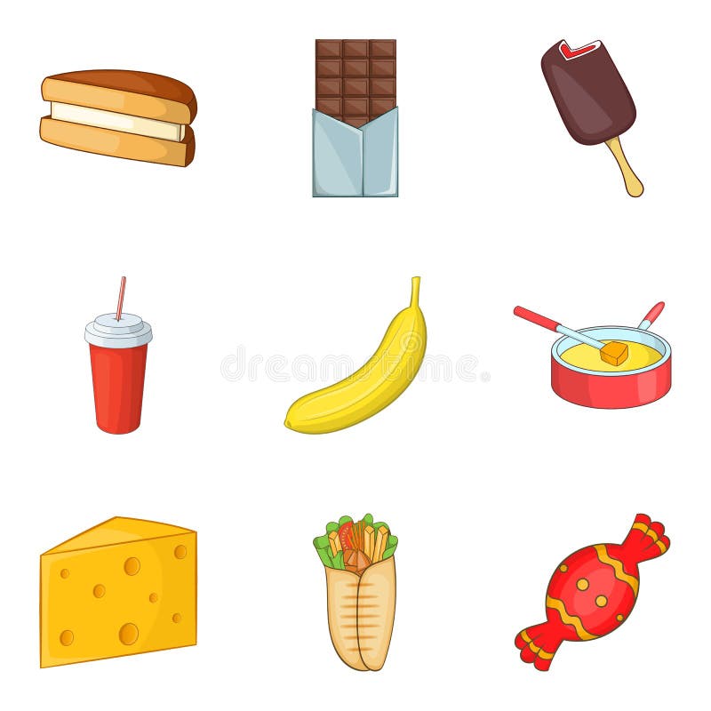 Edible Icons Set, Cartoon Style Stock Vector - Illustration of chow ...