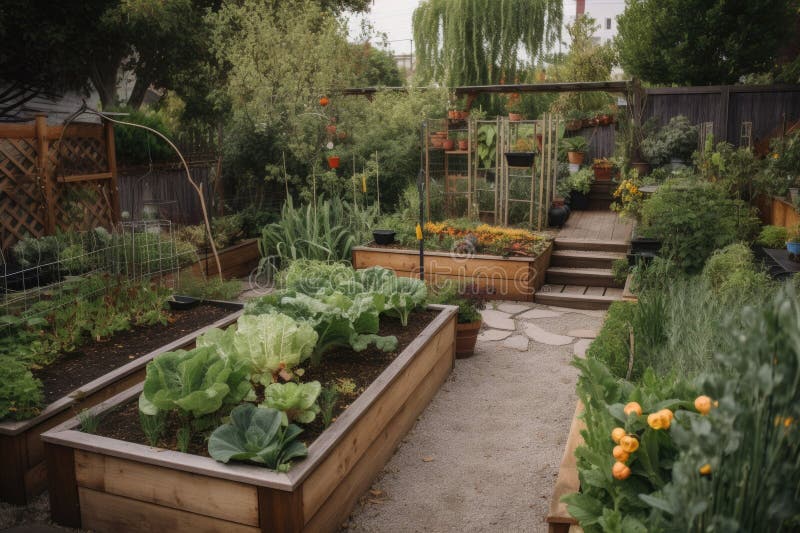 Edible Landscape with Fruit Trees, Herbs, and Vegetables Stock Photo ...