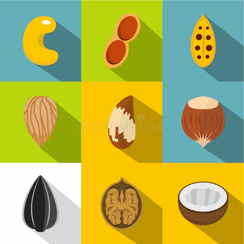 Edible Nuts Icons Set, Flat Style Stock Vector - Illustration of design ...