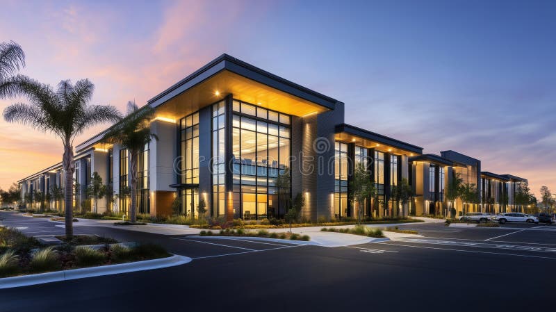 Edificio Comercial Moderno Al Atardecer Con Arquitectura Iluminada Y Paisajismo Foto de archivo ...