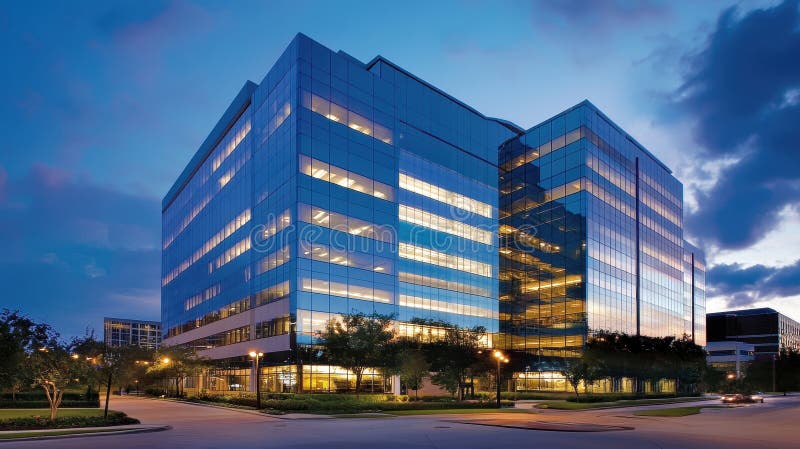 Edificio De Oficinas Moderno Con Fachada De Cristal Iluminado Al Atardecer Stock de ilustración ...
