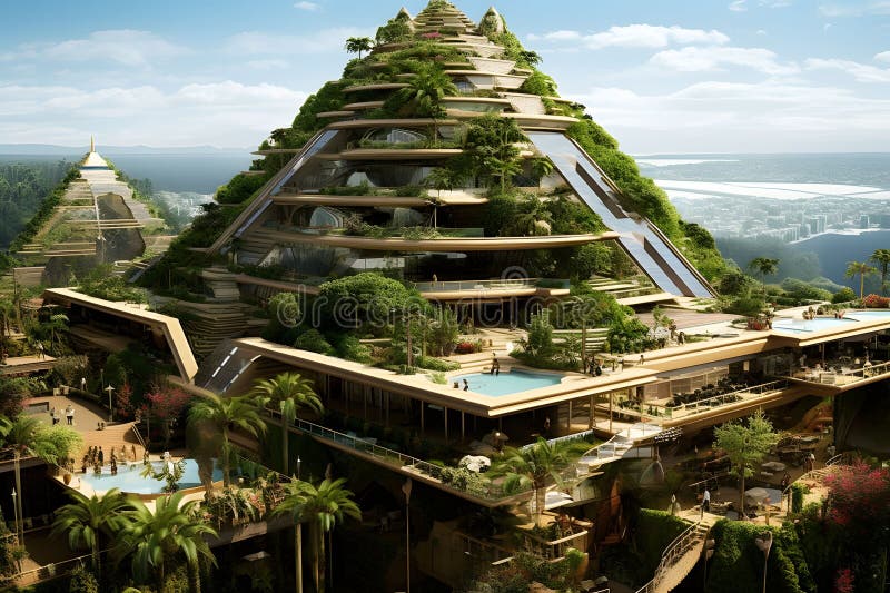 Edificio Generado Por Ai Con Estructura Piramidal Stock de ilustración - Ilustración de nubes ...