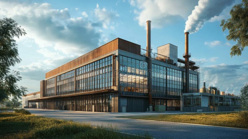 Edificio Industrial Moderno Con Chimeneas Y Fachada De Cristal Stock de ilustración ...