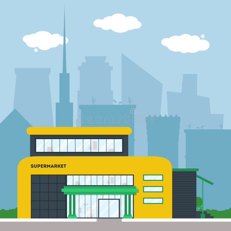 Edificio Del Supermercado En El Fondo De La Ciudad Ilustración del Vector - Ilustración de ...
