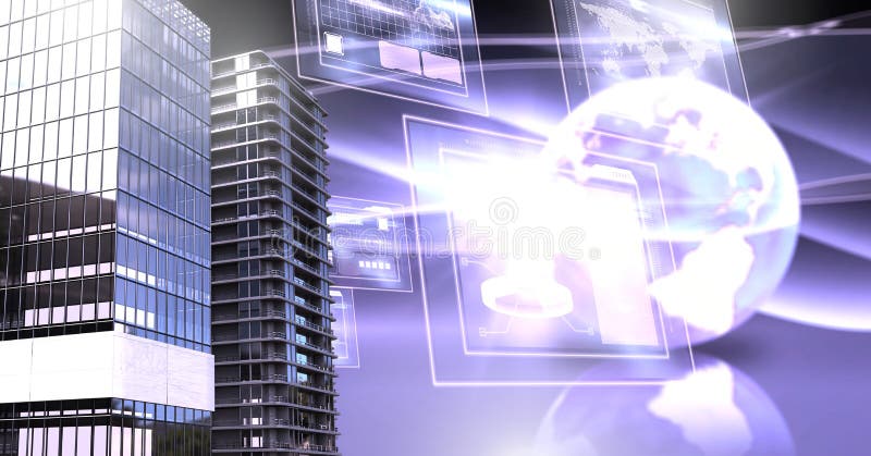 Edificios Altos Con El Interfaz Del Mundo Y De Las Pantallas Stock de ilustración - Ilustración ...
