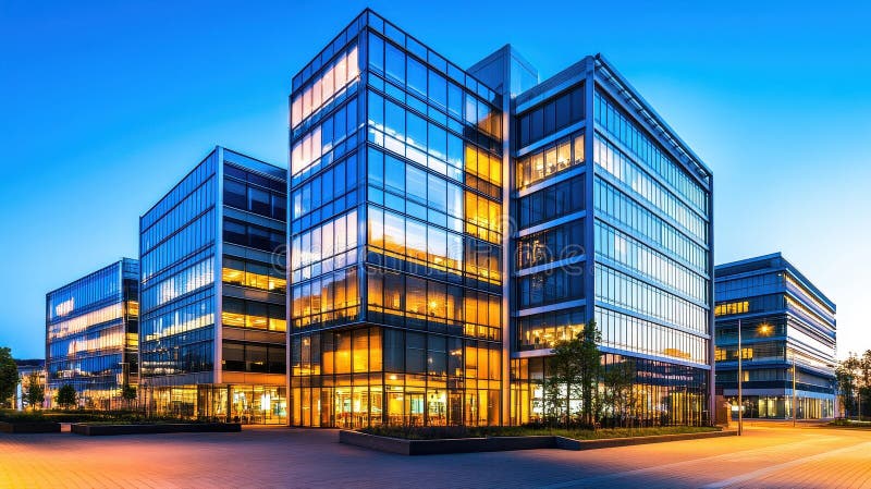 Edificios De Oficinas Modernos Con Fachadas De Cristal Iluminadas Al Atardecer Stock de ...