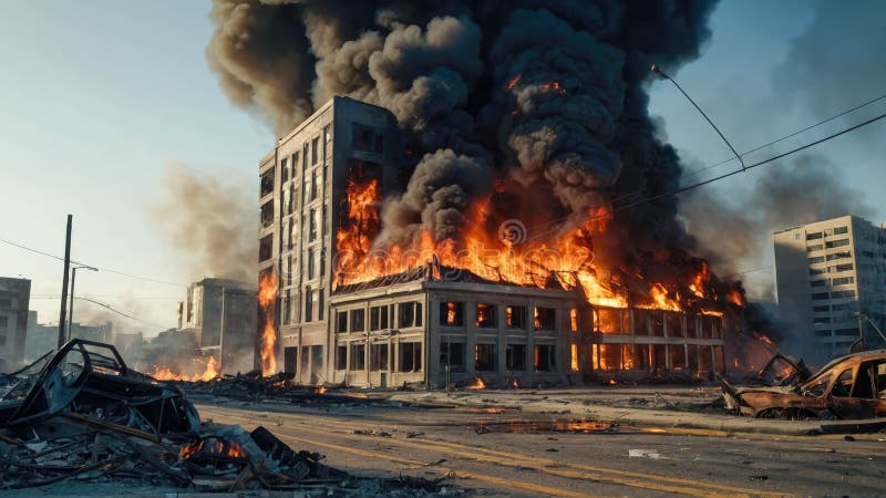 Edificios En Llamas En La Ciudad. Fuego Y Humo Del Edificio En Llamas Stock de ilustración ...