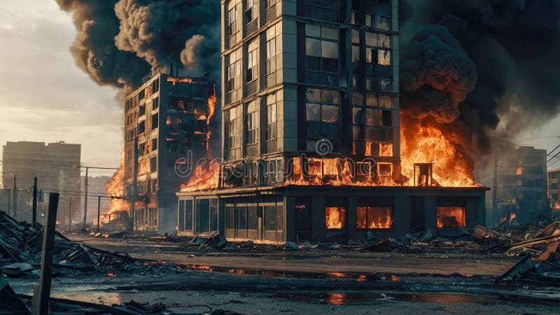 Edificios En Llamas En La Ciudad. Fuego Y Humo Del Edificio En Llamas ...