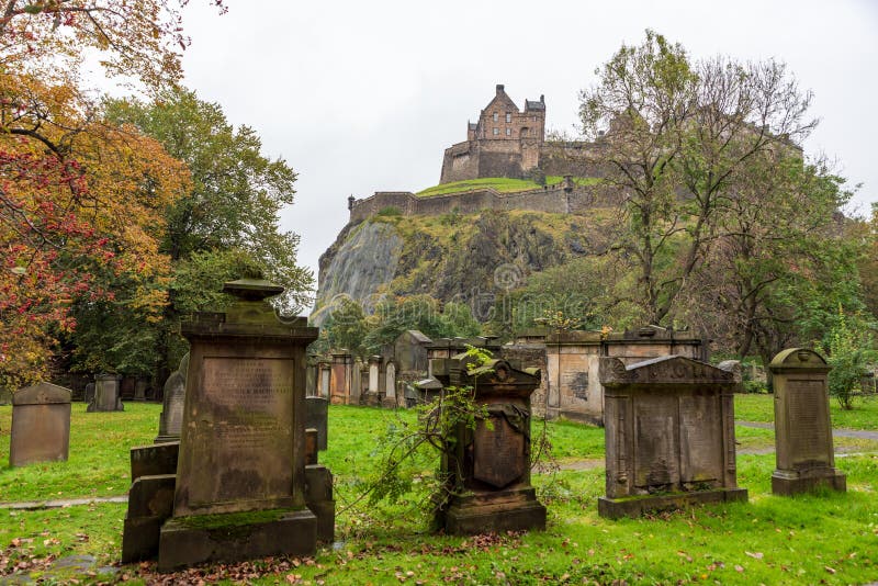 Edinburgh Castle and Graveyard Stock Image - Image of rainy ...
