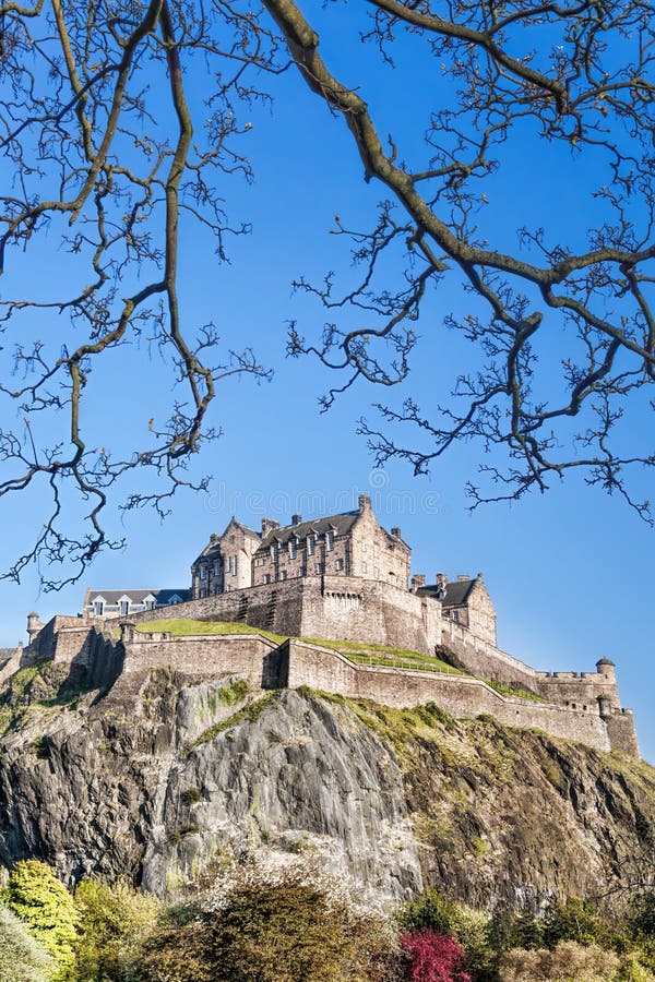 Edinburgh Castle Against Blue Sky with Tree during Springtime in ...