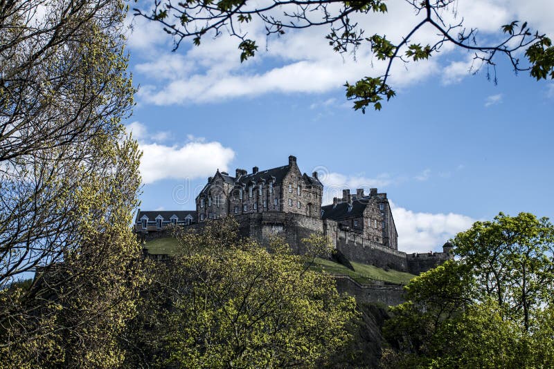Edinburgh City Historic Castle Rock Sunny Day through Trees Stock Photo ...