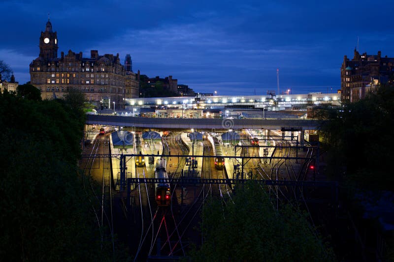 Edinburgh Train Station with Train Arrival at Blue Hour Stock Image ...