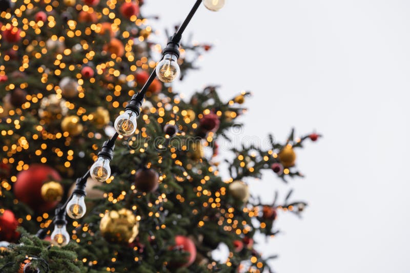 Edison Bulb Style Christmas Lights Against a Christmas Tree Bokeh ...