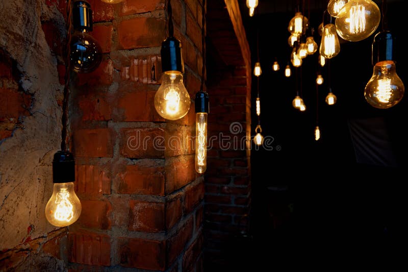 Edison Light Bulb Hanging on a Long Wire. Cozy Warm Yellow Light.Retro ...