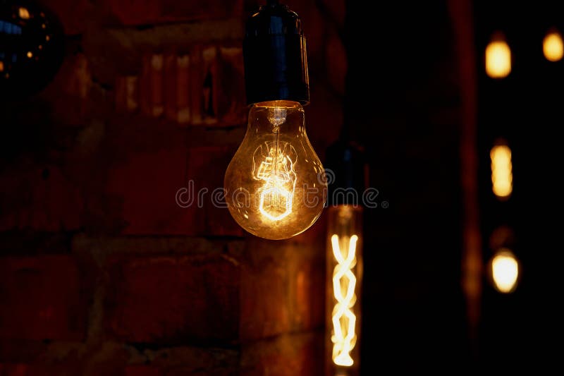 Edison Light Bulb Hanging on a Long Wire. Cozy Warm Yellow Light.Retro ...
