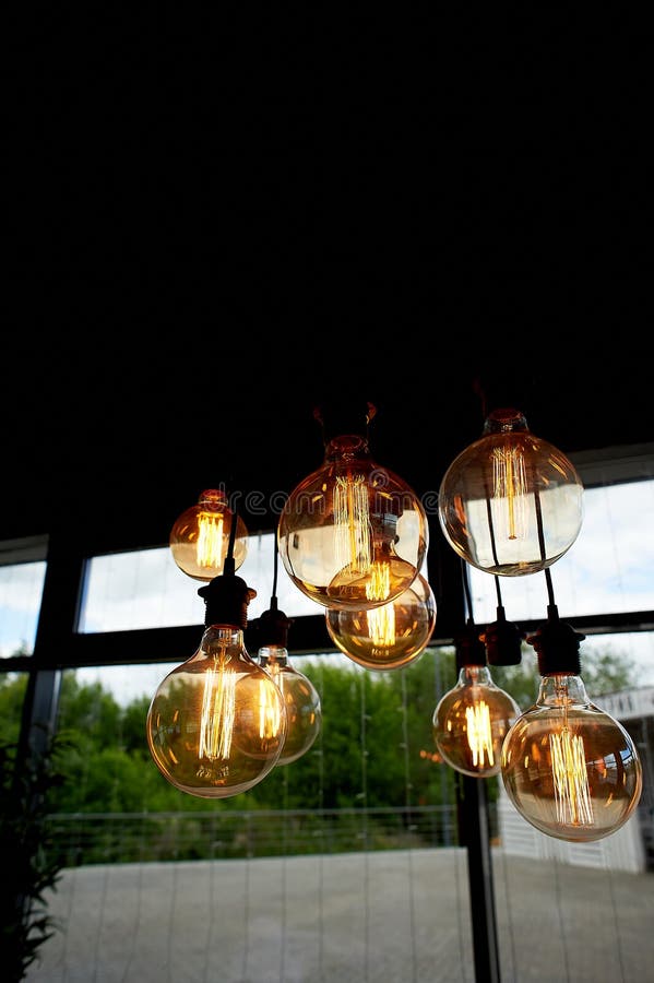 Edison Light Bulb Hanging On A Long Wire. Cozy Warm Yellow Light.Retro ...
