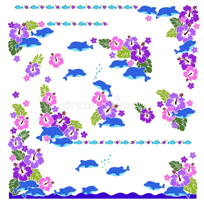 Decorative Frame of Cute Tropical Flowers and Dolphins, Stock Vector ...