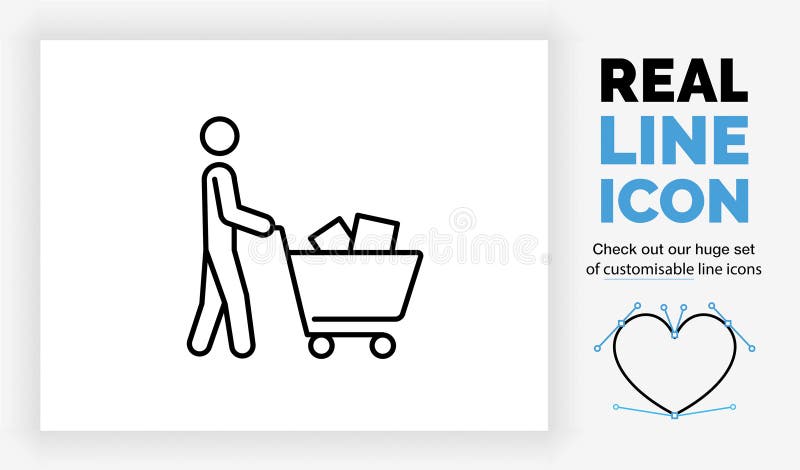 Editable Line Icon of a Stick Figure Walking with a Shopping Cart Stock ...