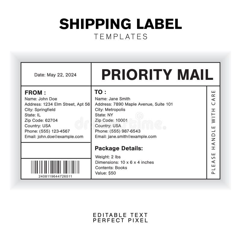 Editable Priority Mail Shipping Label Template Stock Vector - Illustration of name, barcode ...