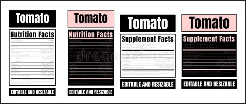 Editable and Resizable Tomato Nutrition and Supplement Facts Labels ...