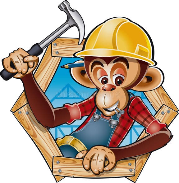 Construction Monkey with Safety Helmet, Hammer and Nails Stock Vector ...