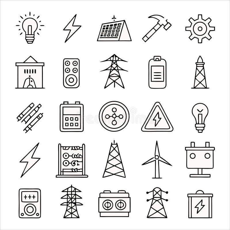 Editable Stroke Electricity Icon Set with Power, Energy, Tool, and ...