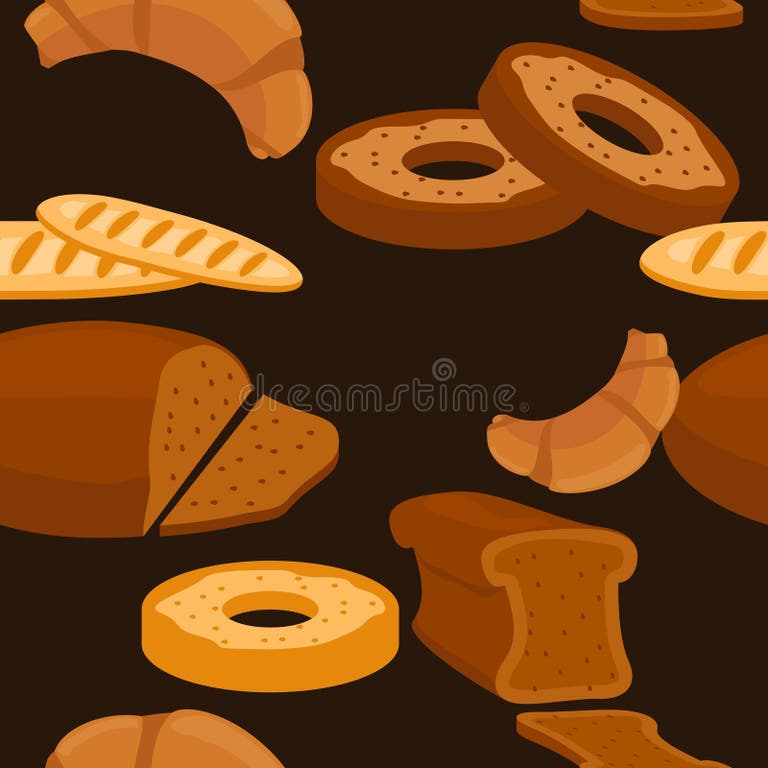 Assorted Breads Vector Illustration with Dark Background Seamless Pattern Stock Vector ...