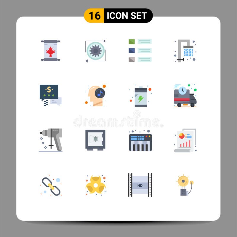 Flat Color Pack of 16 Universal Symbols of Chat, Water, Process, Shower ...