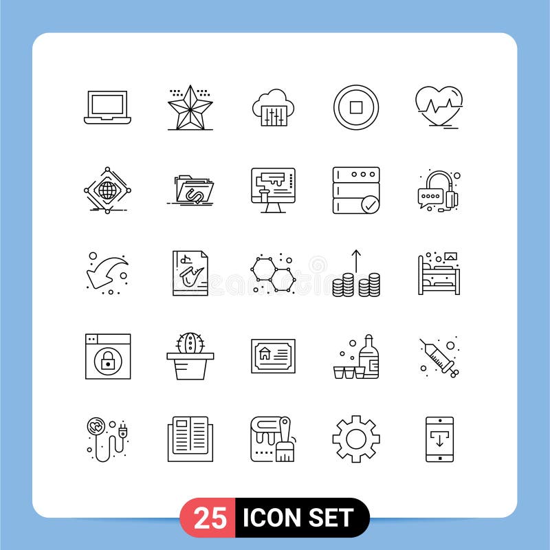 Pictogram Set of 25 Simple Lines of Heartbeat, Ecg, Cloud, User ...