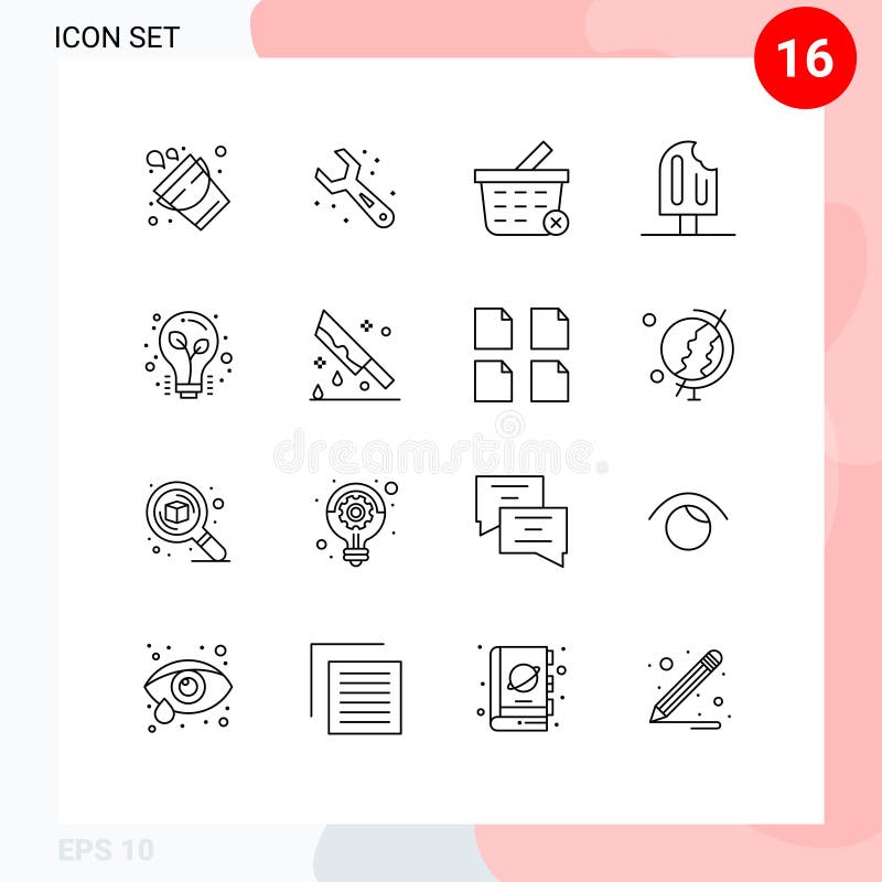 Pictogram Set of 16 Simple Outlines of Light, Ice Cream, Basket, Ice ...