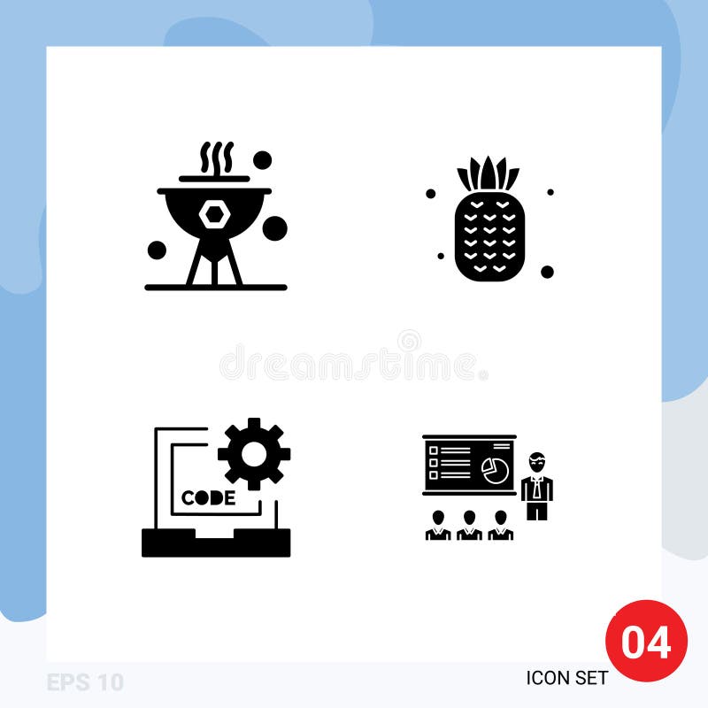 Set of 4 Vector Solid Glyphs on Grid for Bbq, Develop, Dinner, Pineapple, Programming Stock ...
