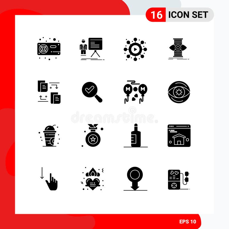 Set of 16 Vector Solid Glyphs on Grid for Files, Focus, Graph, Success ...
