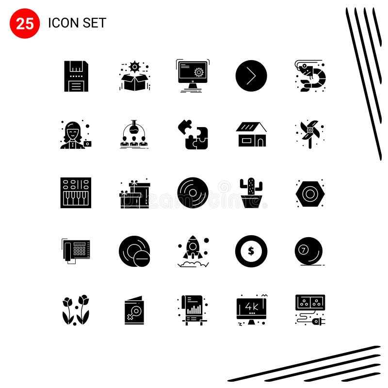 Editable Vector Line Pack of 25 Simple Solid Glyphs of Media Player, Next, Package, Progress ...