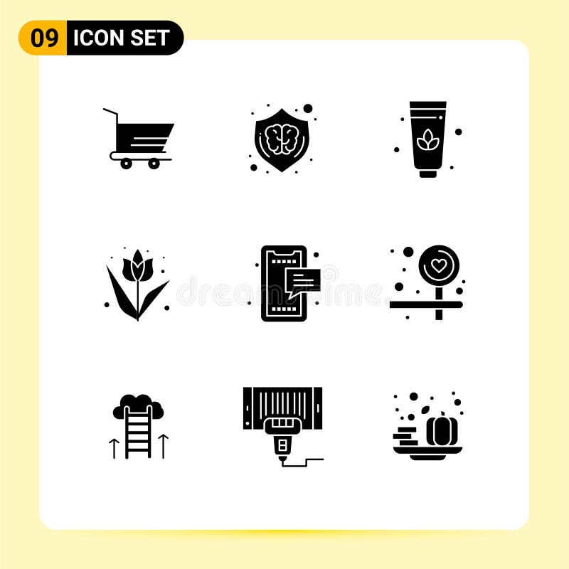 Mobile Interface Solid Glyph Set of 9 Pictograms of Mobile, Chat, Lotus ...