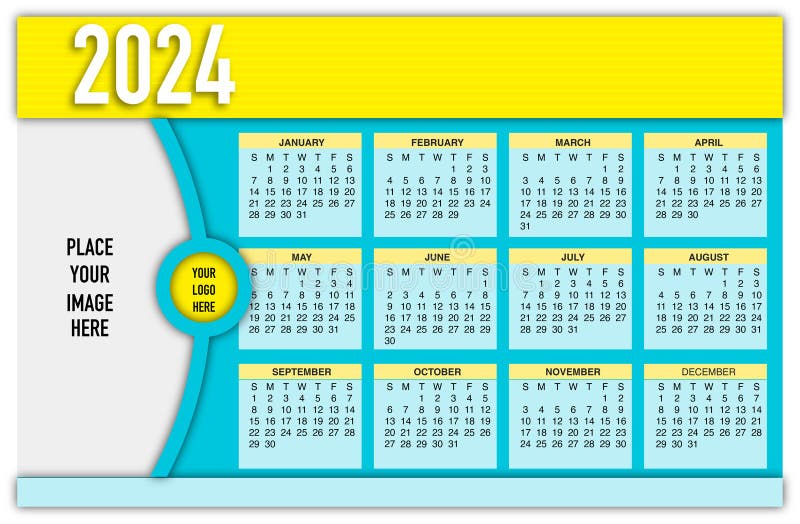 Editable Vector of Turquoise and Yellow 2024 Calendar with Space for ...