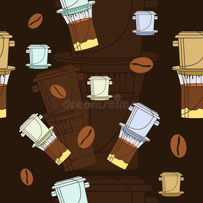 Vietnamese Drip Coffee Brewing Vector Illustration with Dark Background Seamless Pattern Stock ...