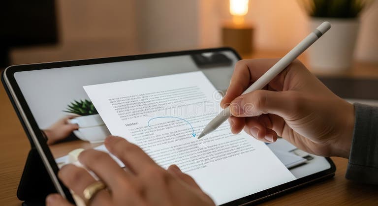 Editing Document on Tablet with Digital Pen Stock Illustration ...