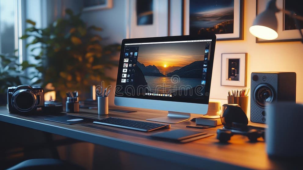 Editing Photos on a Desktop Computer with a Sunset Background Stock ...