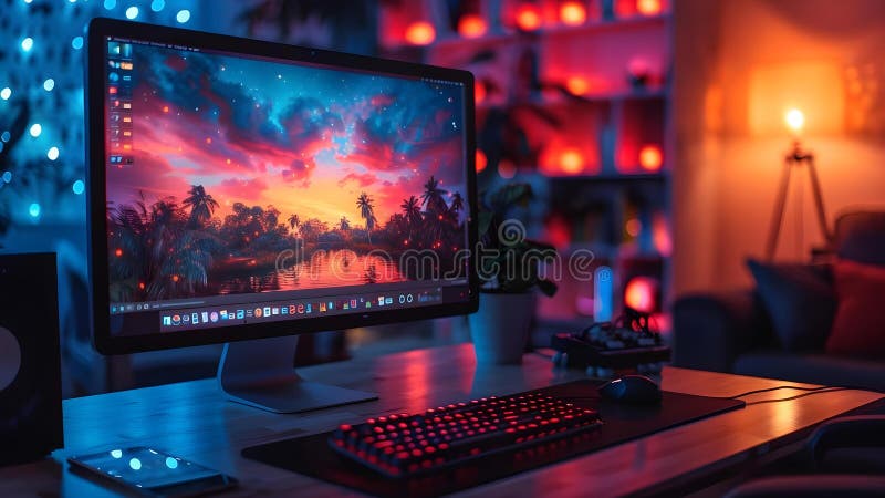 Editing Software Displayed on a Computer Monitor on a Desk at Night ...