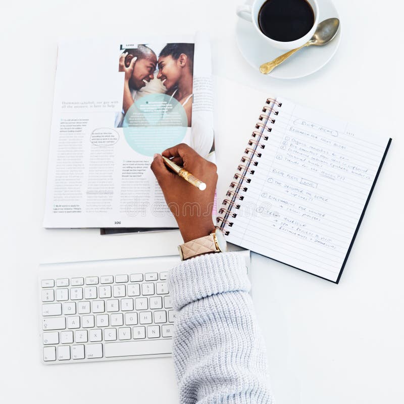 Editor, Magazine and Hands of Person Writing with Notes for Article ...