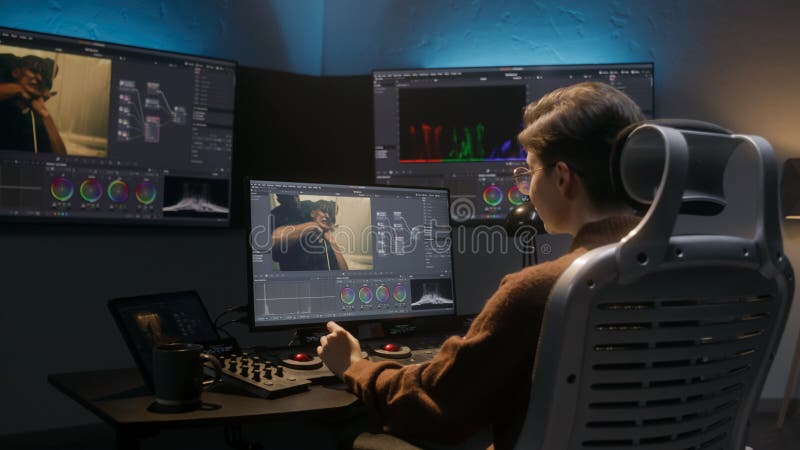 The Editor Makes Color Correction for Movie Stock Image - Image of ...