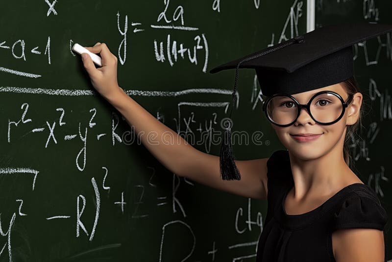 Portrait Happy Girl Resolving Complex Math Problem on Blackboard Stock ...
