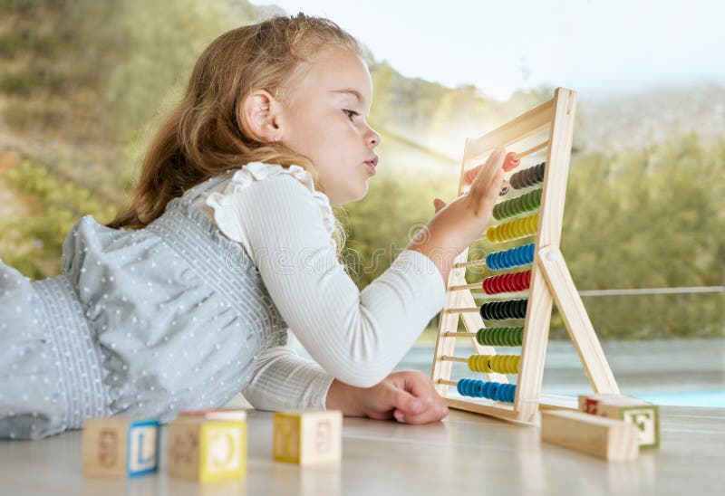 Education, Abacus and Girl Learning Math with a Color Tool while ...