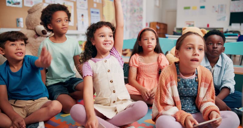 Education, Answer and Group of Children, Classroom and Teacher with ...