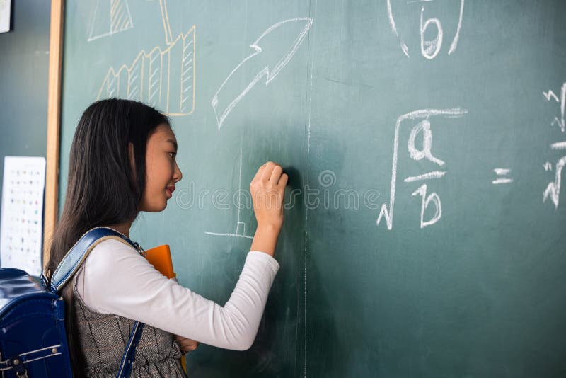 Asian School Girl in Uniform with Backpack on Classroom Pointing Up Finger on Blackboard Stock ...
