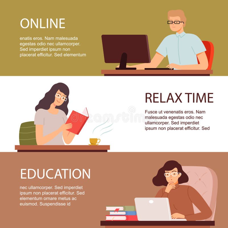 Education Banners. People Study at Library Reading Books and Working on ...