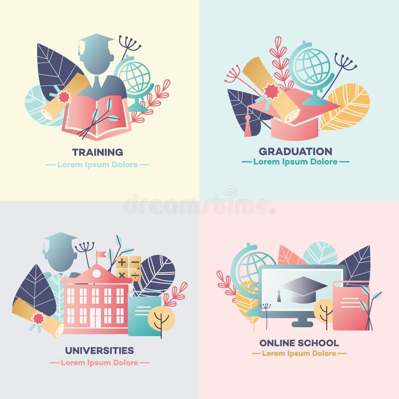 Education Banners Set with Various Symbols of Studying Process and ...