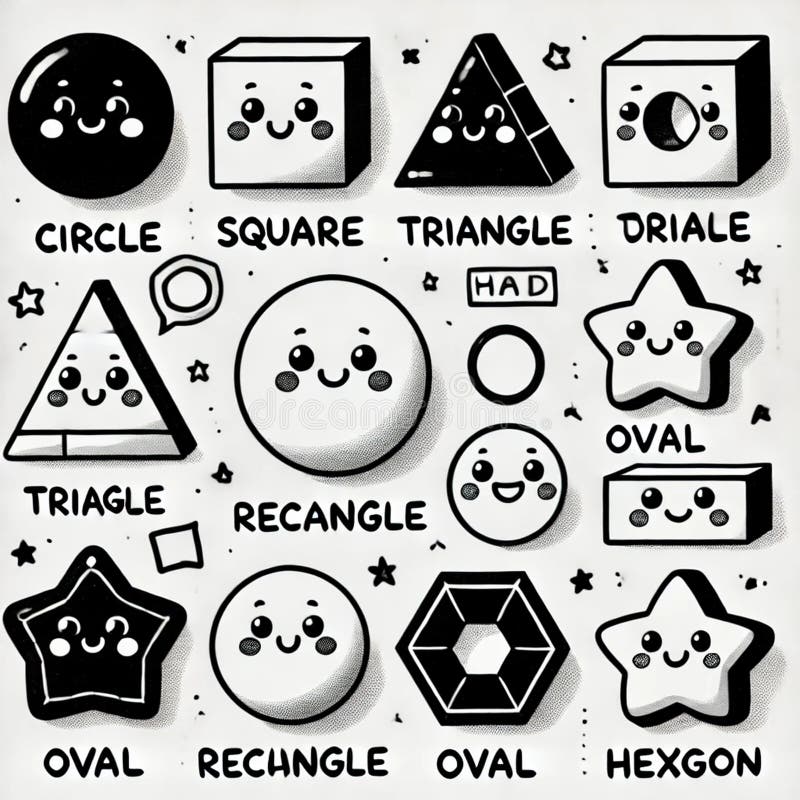 Education Basic Geometric Shapes with Captions. Black and White Cartoon ...