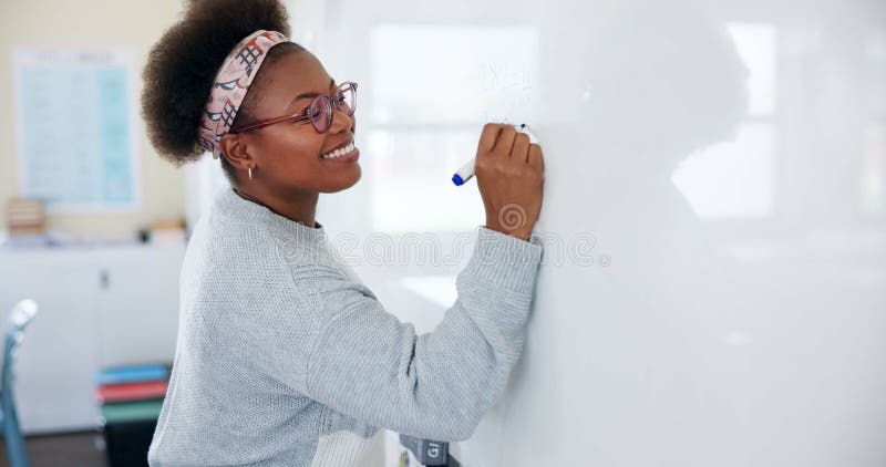 Education, Black Woman and Teacher with Whiteboard in Classroom for ...