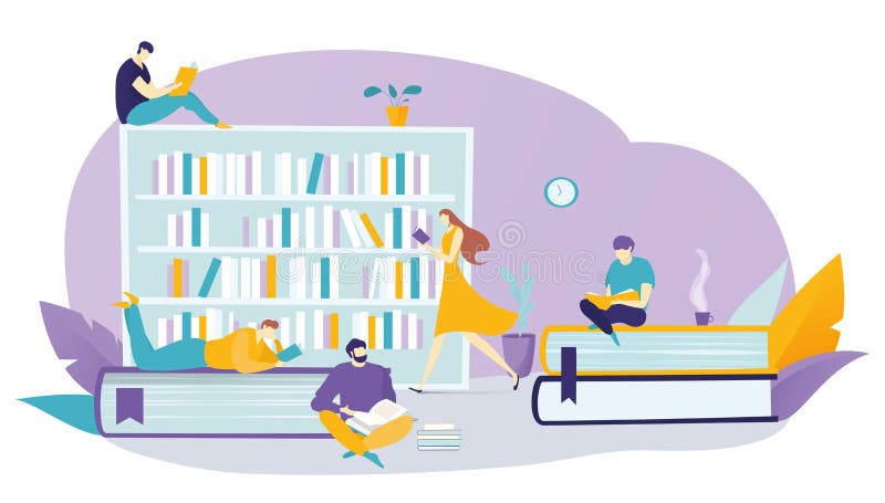Education Book at Library Shelf, Vector Illustration, Flat Tiny Man ...